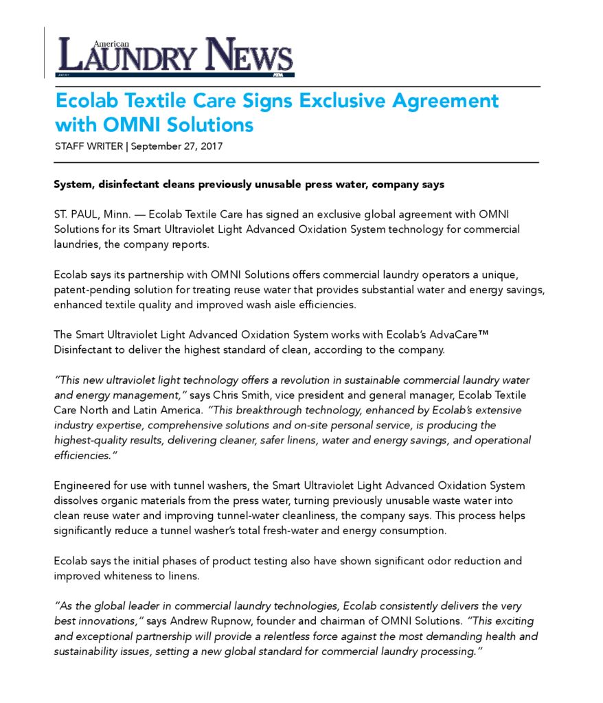 American Laundry News September 2017 – OMNI Solutions